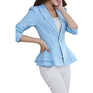 YMING Womens Casual Solid Color Blazer Office Blazer Business Ruffle Hem Jackets Water Blue M