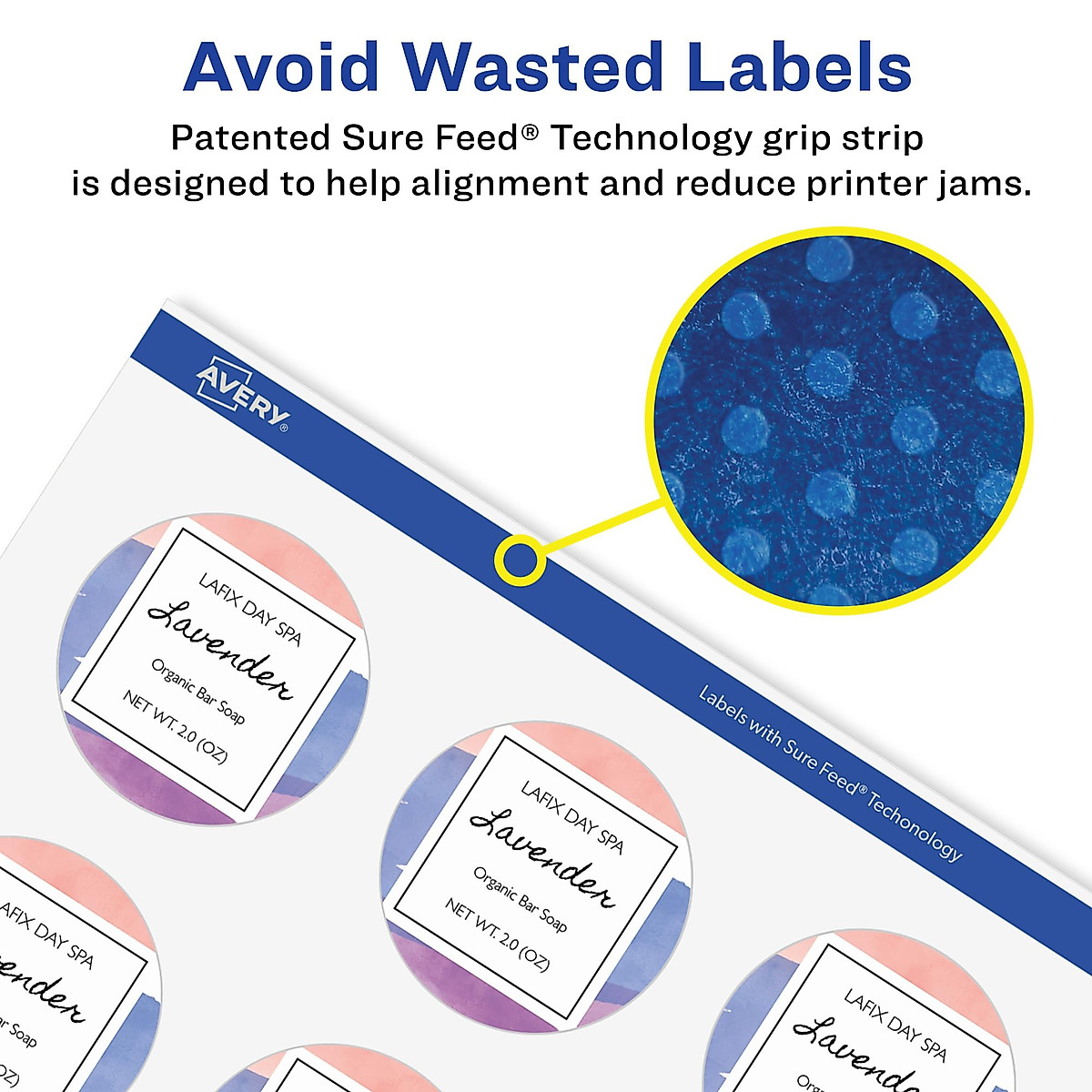 Avery Printable Waterproof Round Labels with Sure Feed, 2.5" Diameter, White, 72 Customizable Labels (22856)