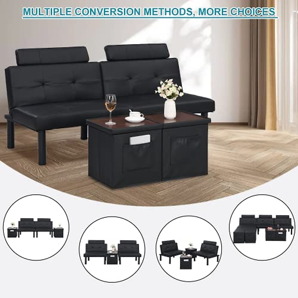 Small Faux Leather Futon Sofa Bed Adjustable Convertible Sleeper Sofa for Living Room, Apartment, Dorm w/Storage Ottoman Coffee Table Bench, Lumbar Pillows and Folding Recliner (Black Sofa Bed)