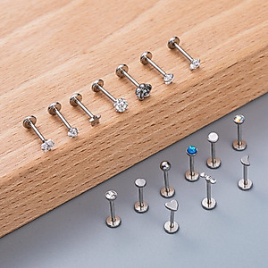 LOAYHOAY 16PCS 18G Stainless Steel Threadless Push in Nose Stud Ring for Women Men Lip Ring CZ Flower Heart Cartilage Helix Earring Piercing Set 18G