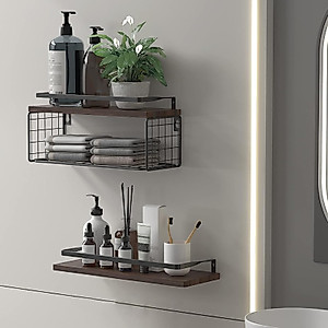 2Pcs Wall Mount Wooden Floating Shelves Metal Wire Mesh Basket Large Capacity Bathroom Shelves Over Toilet Storage Holder Organizer Rack for Bathroom, Kitchen, Living Room, Wall Decor Light Brown
