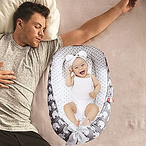 Vohunt Baby Lounger for Newborn,100% Cotton Co-Sleeper for Baby in Bed with Handles,Soft Newborn Lounger Adjustable Size & Strong Zipper Lengthen Space to 3 Tears Old(Elephant Grey)