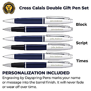 Cross Pen Set | Engraved/Personalized Cross Calais Ballpoint and Rollerball Double Pen Gift Set with Case - Blue. Engraved gift for man or women, with your custom name or message