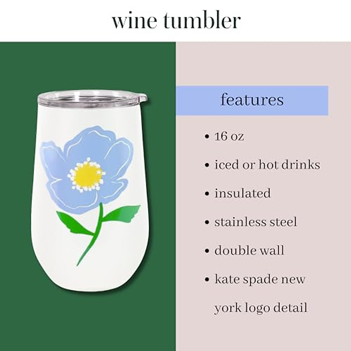kate spade new york Insulated Stainless Steel Wine Tumbler, 16 Ounce Double Wall Tumbler, Blue Stemless Travel Cup with Lid, Sunshine Floral