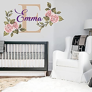 Name and Initial Peonies Wall Decal - Kids Wall Decor - WM33. Custom Name Removable Nursery Wall Decal for Girl - Flower Mural Wall Decal for Girls Bedroom
