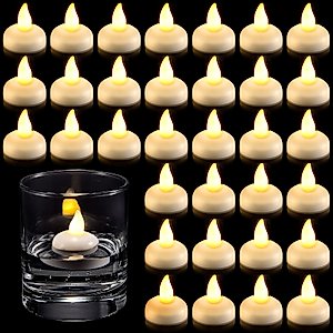 Honoson 24 Pcs Valentine's Day Flameless Floating Candles Waterproof Floating Tea Lights Warm White LED Battery Flickering Electric Tealights for Valentines Centerpiece Decor(Yellow)
