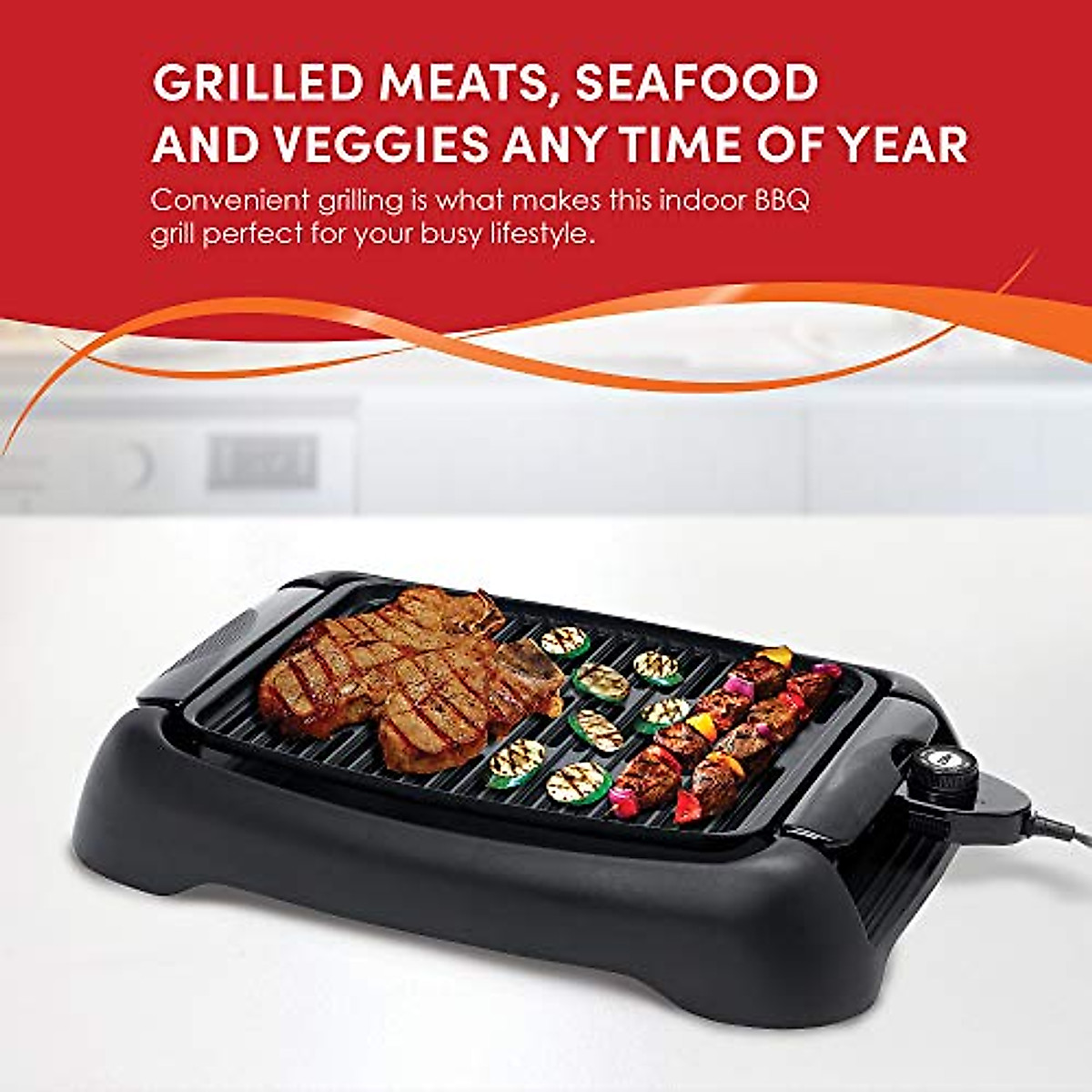 Elite Gourmet EGL-3450 Smokeless Indoor Electric BBQ Grill Dishwasher Safe, PFOA-Free Nonstick, Adjustable Temperature, Fast Heat Up, Low-Fat Meals Easy to Clean Design, Black