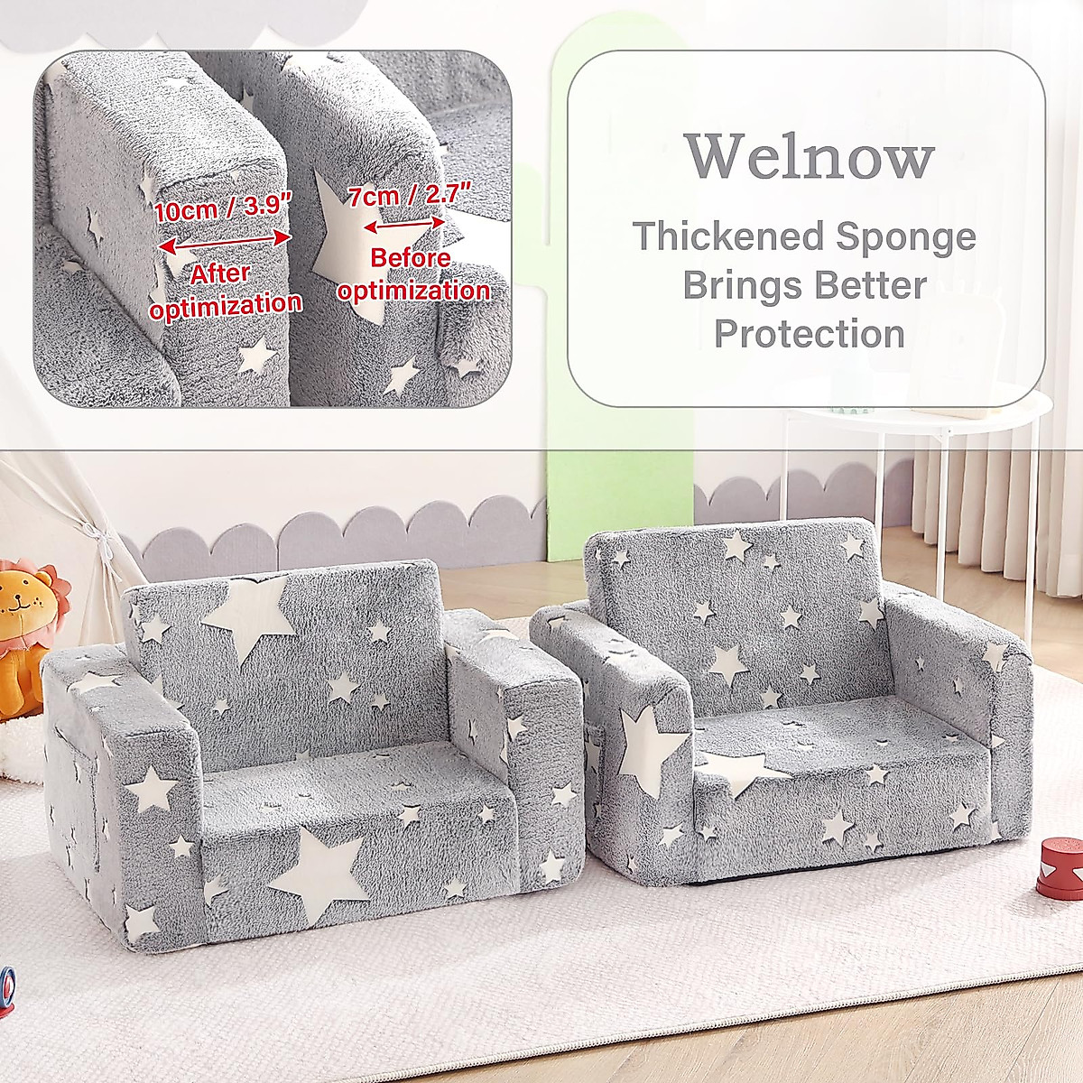 Welnow 2-in-1 Kids Sofa Chair, Glow in The Dark Convertible Toddler Chair Flip Out Children Sofa Chair Folding Kids Play Sofa with Side Pockets & Removable Cover Armrest Chair for Girl or Boy