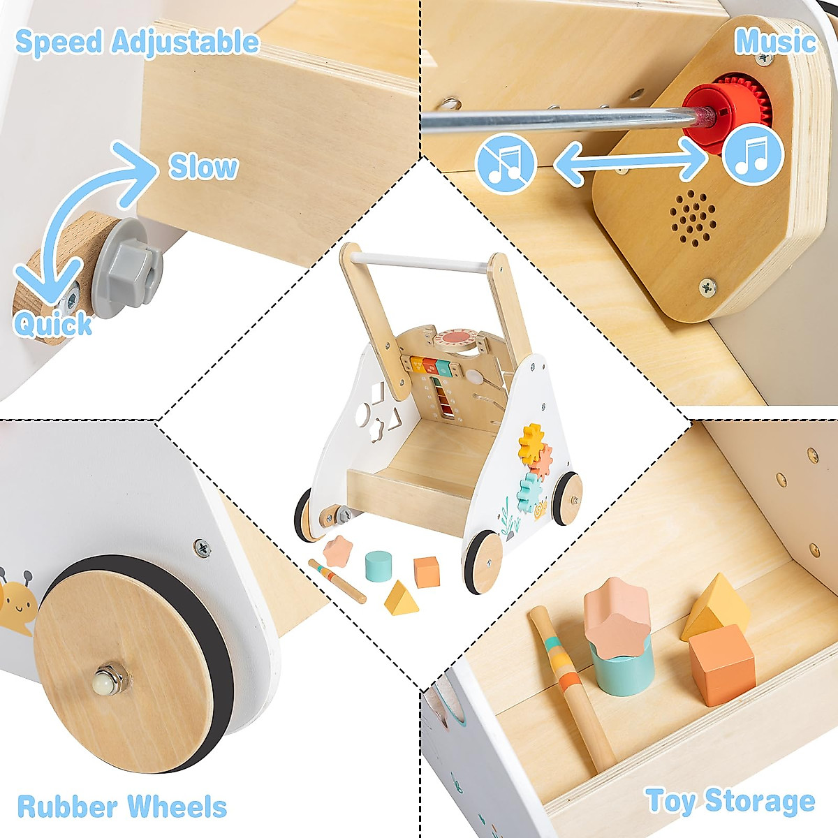 Twefex Wooden Baby Walker - Baby Push Walker with Music Box - Toddler Walker Push Toy with Adjustable Speed - Learning Activity Walker - Activity Center for Babies Boys and Girls