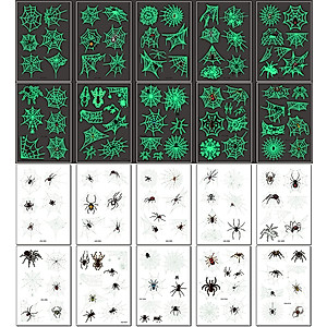 Temporary Tattoos for Kids, 73PCS Luminous Halloween Spider Web Glow in the Dark Fake Tattoos, Body Stickers Decorations, Halloween Cosplay Face Makeup Holiday Party Favors Gifts for Adults Spider
