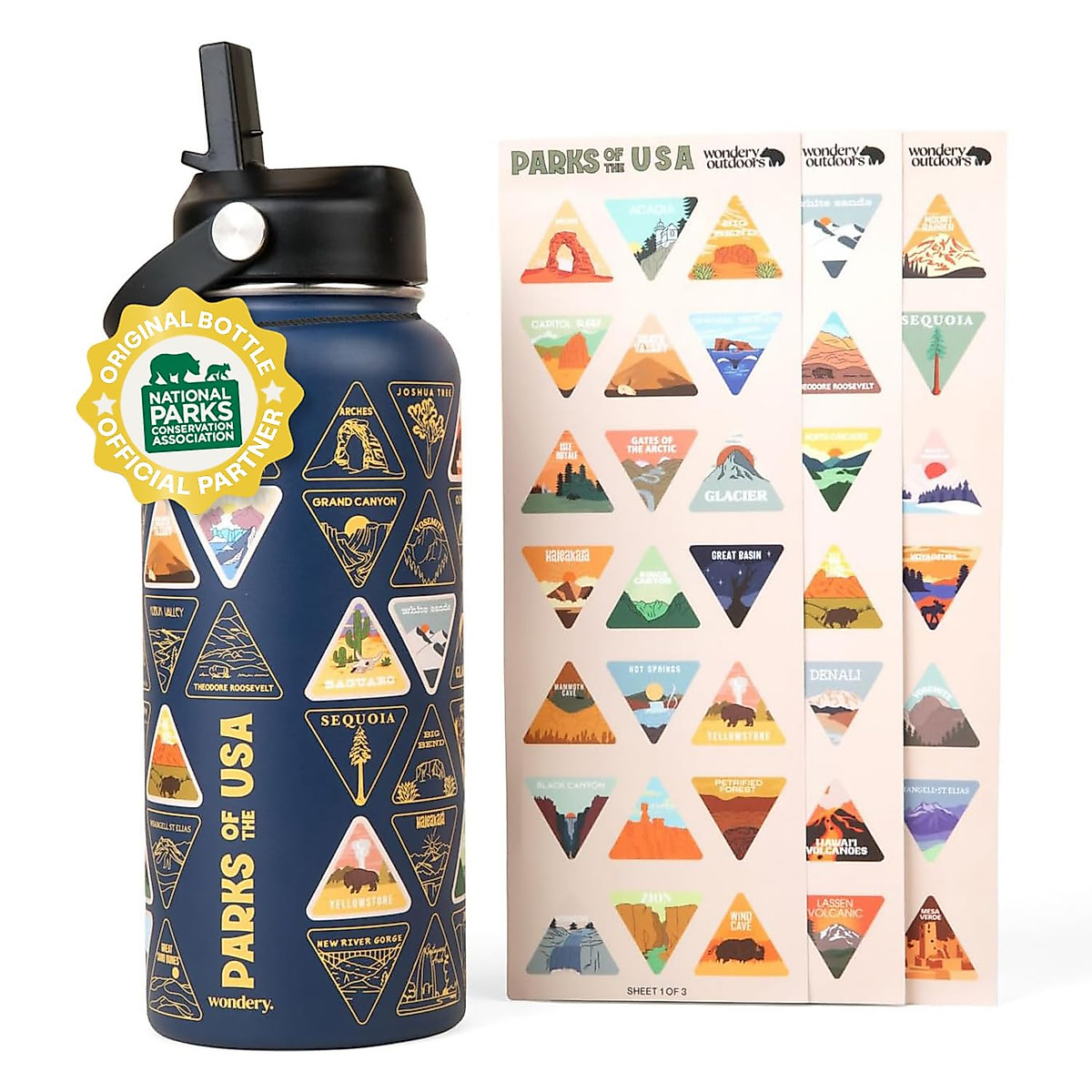Wondery Original National Parks of the USA Bucket List Travel Water Bottle with Waterproof Stickers and Straw | Ocean 32 oz Screen Printed | Insulated Stainless Steel Vacuum Sealed | Leak Proof