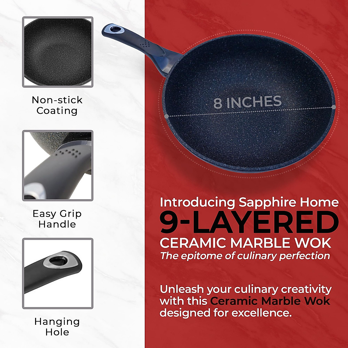 HOME N KITCHENWARE Nonstick Ceramic Wok, Frying Pan - Premium 9-Layered Cookware, Korean Marble-Coated - Easy to Clean Cast Aluminum - Induction Ready for Saute, Stir-Fry, Eggs, Fried Rice 8-Inch