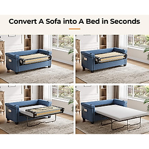 Fadware Pull Out Sofa Bed, Twin Size Sleeper Sofa Couch with Memory Foam Mattress, 2 in 1 Convertible Pullout Couch Bed with USB Charging Ports for Compact Living Space, Apartment, Office, Blue