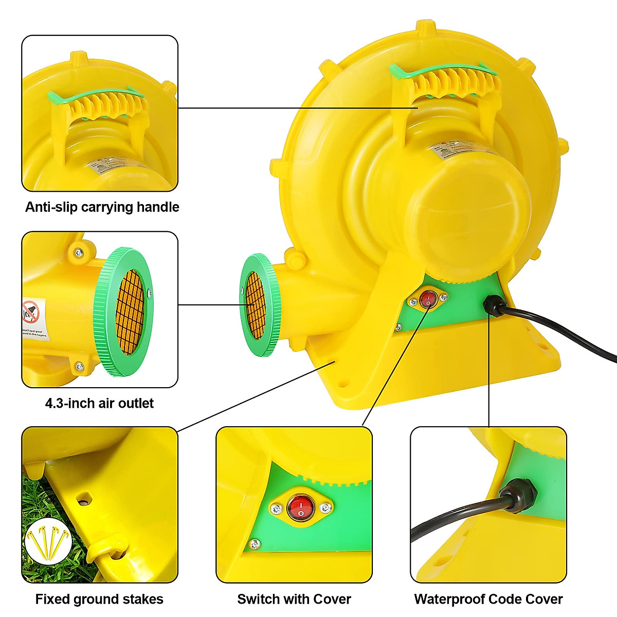 Bounce House Blower, 370W/0.5HP Commercial Air Blower with Double-Sided Fan Blade Design, Strong Wind and Great Heat Dissipation Properties for Bouncy Castle, Jump Slides, Arch, Inflatables
