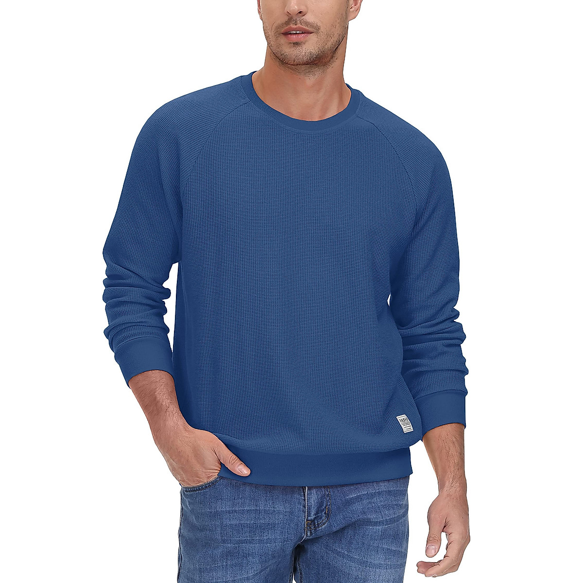 TACVASEN Mens Shirts Crew Neck Sweatshirt for Mens Fashion Pullover Cotton Long Sleeve Soft Lightweight Casual Waffle Knit Crewneck Sweatshirts Blue Grey 2XL
