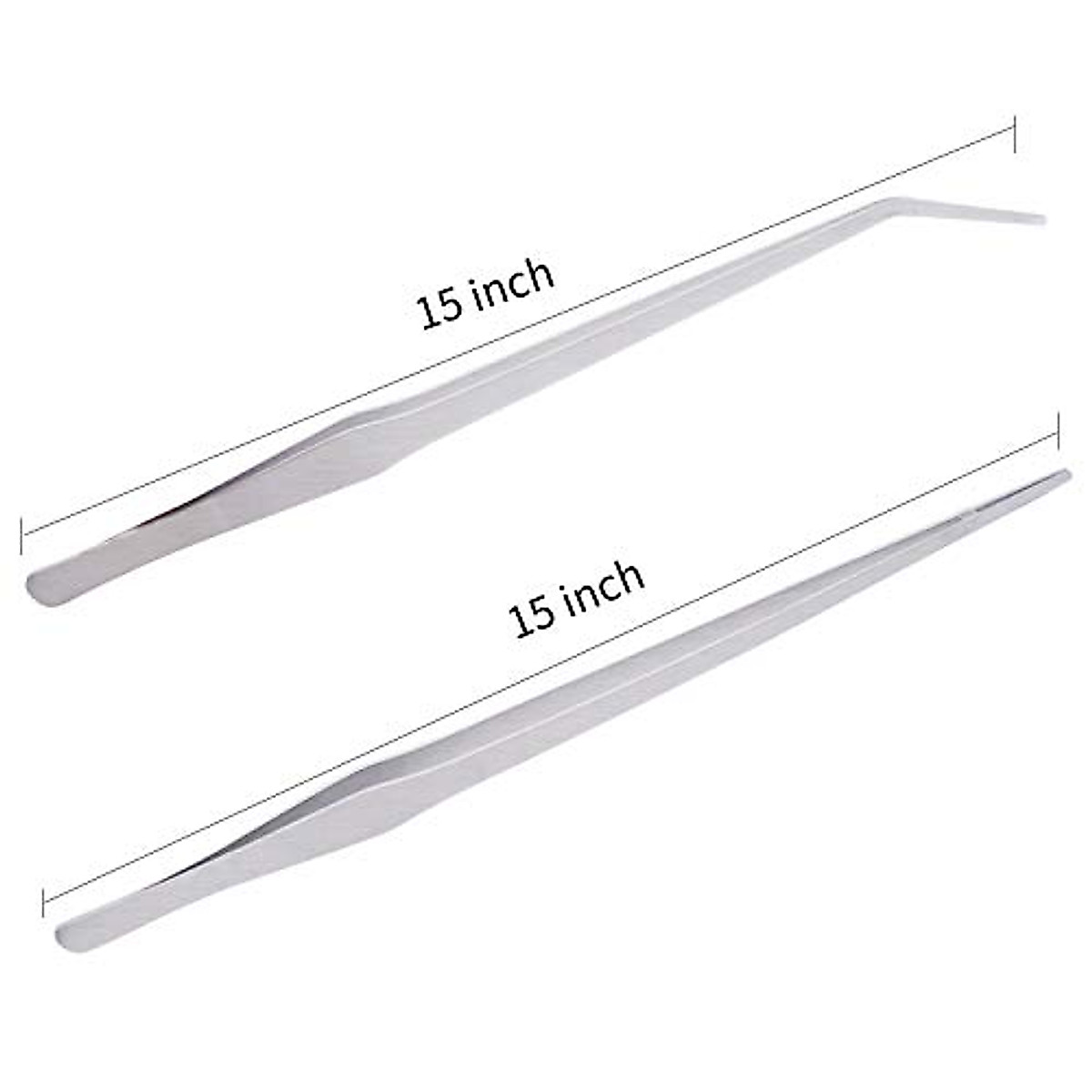 2-Pack 15 inch Heavy Duty Stainless Steel Long Tweezers, Curved and Straight Design with Anti-slip Grasp Tips Large Tongs for Reptiles Feeding, Aquascape Maintenance