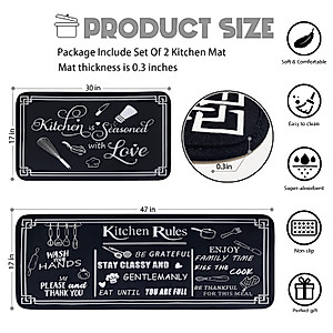Voanos Black and White Kitchen Rugs,Non Skid Washable Microfiber mats for Kitchen Floor, Kitchen Rules Theme Kitchen Cushioned Runner Rug Decor Sets of 2,Size 17"x 47"+17"x 30"