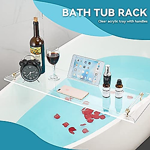 Bathtub Rack - Clear Acrylic Tray with Handles to Hold Book, Phone, Candles, Food, Wine & Tablet - Waterproof Caddy, Wide Frame, Fits Most Bath Tubs - Bathroom Accessories, Luxury Gifts for Women