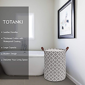 TOTANKI 60L Large Laundry Basket with Durable Leather Handle, Thickened Drawstring Round Collapsible Laundry Hamper, Dirty Clothes Storage Basket for Bedroom, Bathroom, College Dorm (Grey, L)