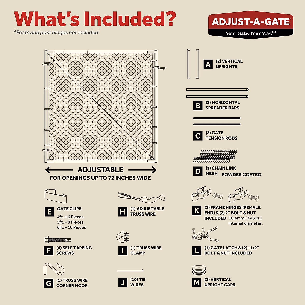 Adjust-A-Gate Adjustable Chain Link Square Corner Complete Gate Kit, Fit-Right, Black, 6'H