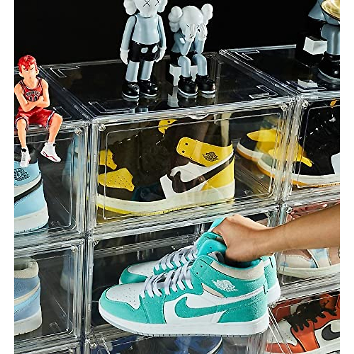 Three Piece Clear Shoe Box 360° Acrylic Clear Shoe Box Handbag Storage Display Box Stackable Shoe Box Drop Front Shoe Box Magnetic Door Organizer 14.37 * 7.87 * 10.63 inches for US size 14