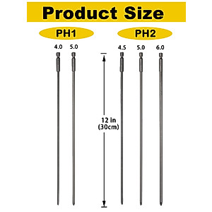 Rocaris 5 Pack Extra Long Phillips Screwdriver Bit Sets, 1/4 Inch Hex Shank Magnetic Screwdriver Bits Cross Head S2, 12 Inch