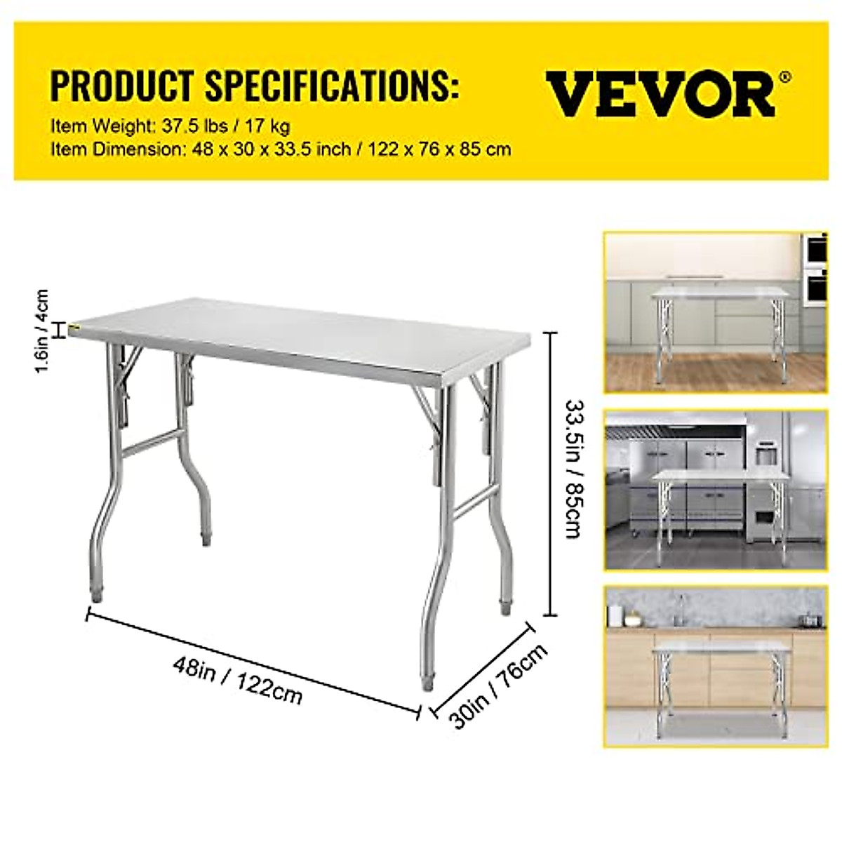 VEVOR 48 x 30 Inch Folding Commercial Prep Table Commercial Worktable Workstation, Heavy-Duty Stainless Steel Folding Table with 220 lbs Load, Silver Stainless Steel Kitchen Island，Kitchen Work Table