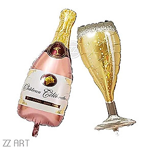 4 Pcs Champagne Bottles and Goblet Wine Glasses Large Mylar Foil Helium Balloons 36in, Pink & Golden pop Decoration for Party, Birthday celebration , Anniversary Graduation, family gathering, cheers!