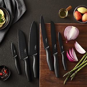 Marco Almond Kitchen Knife Set, KYA38 12-Piece Kitchen Knives Set with Covers, 6 Knives with 6 Blade Guards, Stainless Steel Cooking Knives Set for Kitchen, Black