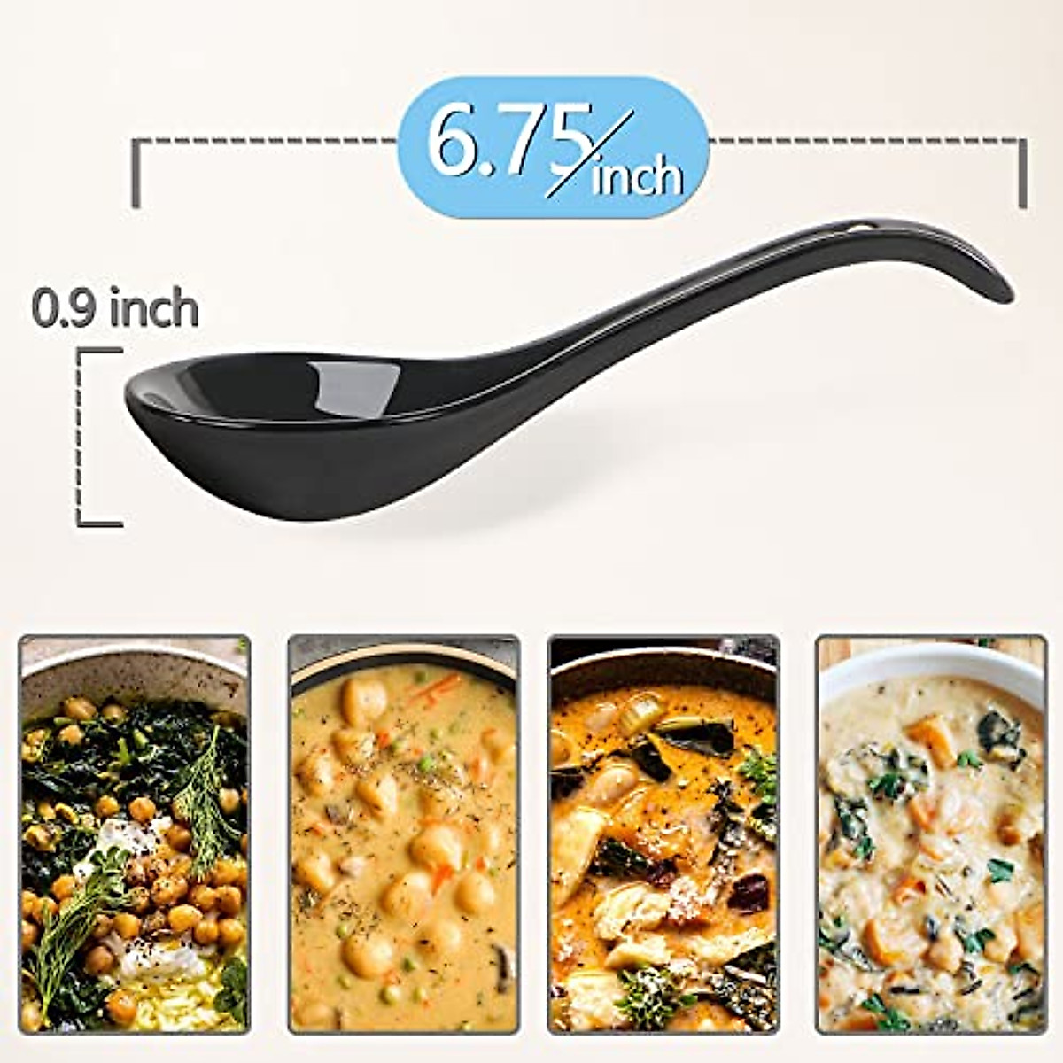 Wareland Asian Soup Spoon Set of 6, 6.75 inch Ultra-fine Ceramic Chinese Soup Spoons, Black Japanese Soup Spoon for Cereal Stews Ramen Pho Wonton Dumpling Miso, Deep Oval Hook Design, Dishwasher Safe