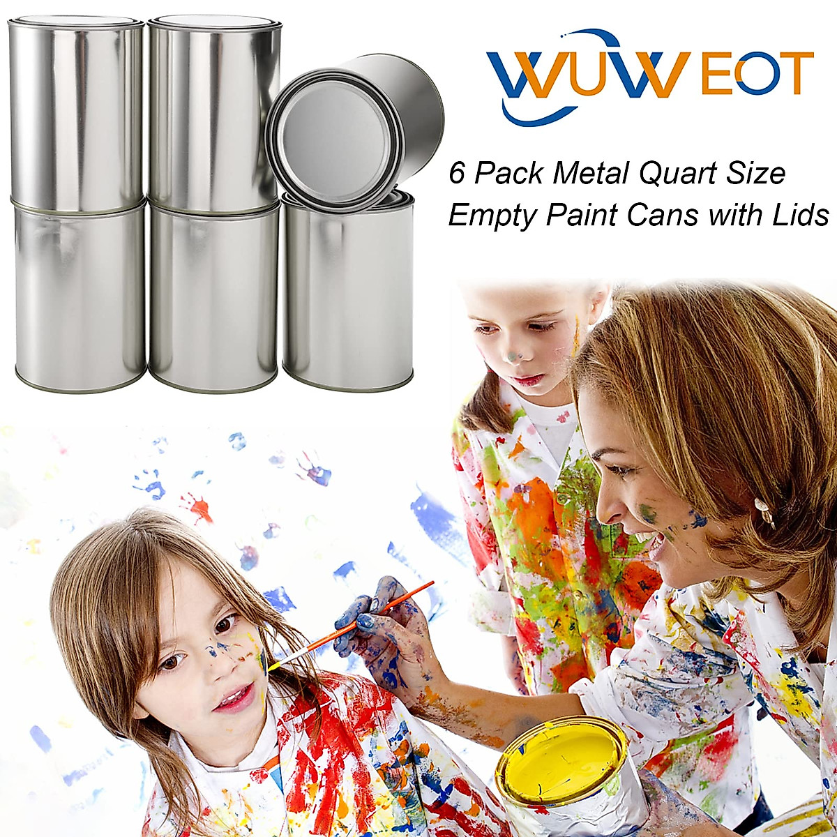 WUWEOT 6 Pack Metal Quart Paint Cans with Lids, Empty Unlined Paint Buckets, Multipurpose Storage Paint Pails Containers for Arts and Crafts, DIY Projects, Painting, Garage Organization