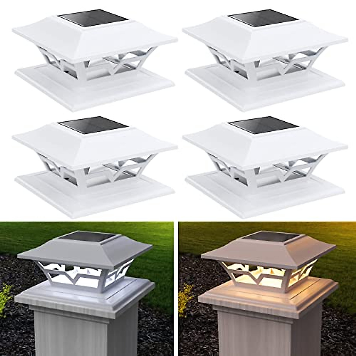 APONUO 4x4 Post Solar Lights 17 Lumens 1000mAh,Solar Post Cap Lights 2 Color Modes Fence Post Lights Solar Powered,Solar Post Lights Outdoor Waterproof for 4x4,6x6 Post Caps Wood,White,4 Pack