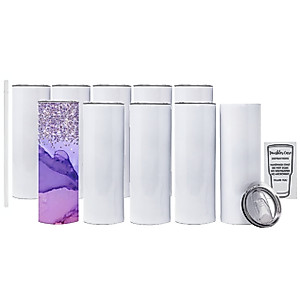 10 Pack 20oz Sublimation White Straight Skinny Tumbler with Plastic Straw, Sublimation Tumblers for Heat Transfer DIY, Sublimation Blanks, Mugs, Double Walled Stainless Steel Travel