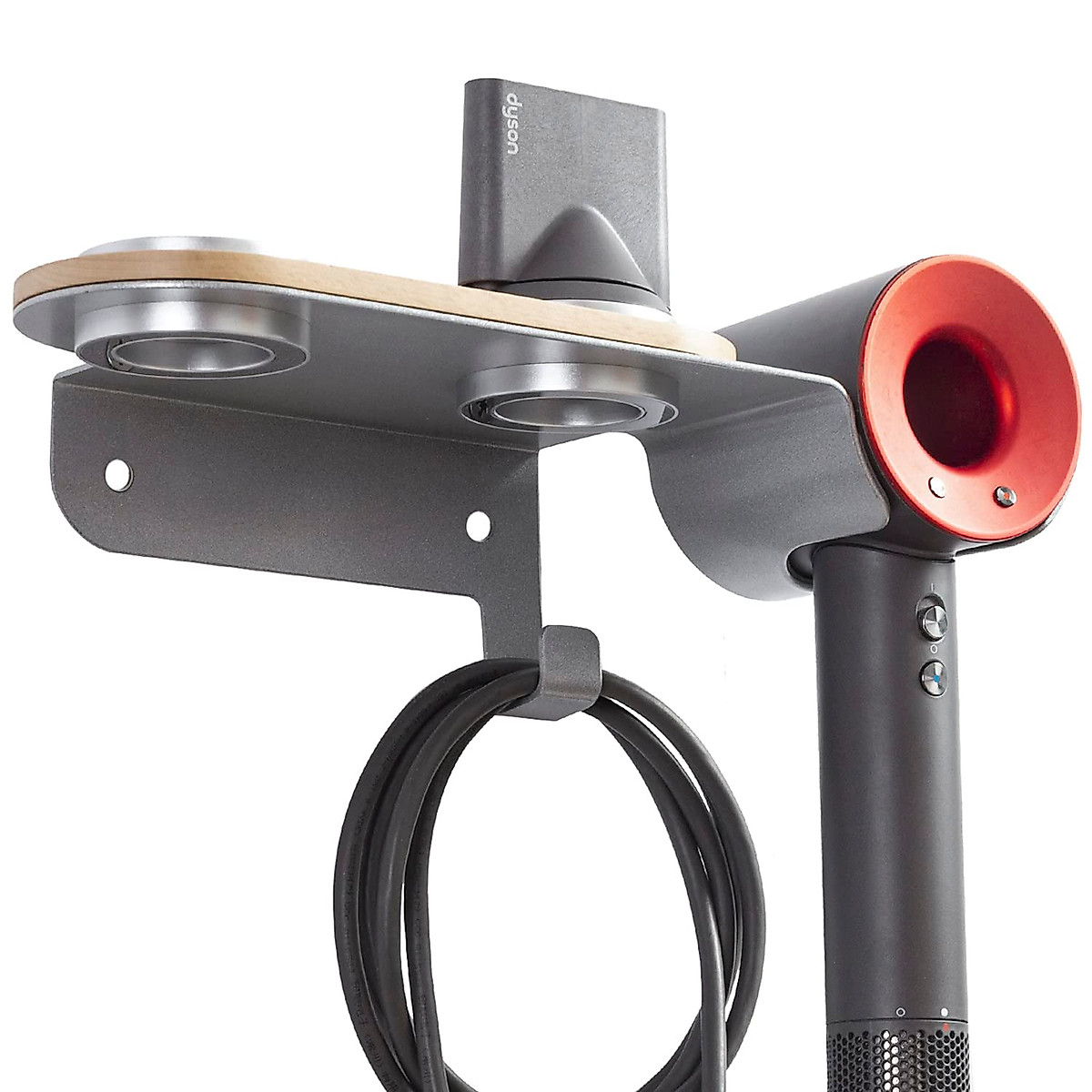 MyGift Wall Mounted Solid Beech Wood 6-in-1 Hair Dryer Storage Holder for Dyson Supersonic Hair Dryer with Stainless Steel Hook and Magnetic Rings for Hair Dryer, Diffuser, 3 Nozzles, and Power Plug