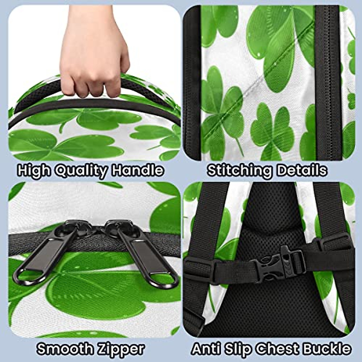 St. Patrick's Day School Backpack for Boys Girls Teens, Shamrock Clover Laptop Backpack Middle School Elementary Bookbags Casual Travel Daypack with Reflective Strip