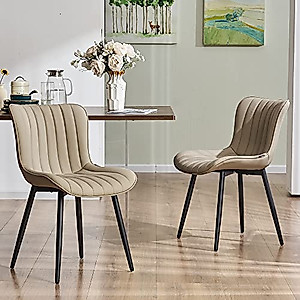 YOUNUOKE Dining Chairs Set of 2 Upholstered Mid Century Modern Lounge Chair Armless Faux Leather Makeup Chairs with Padded Backs Metal Legs Adjustable Feet for Kitchen Living Room Bedroom Khaki