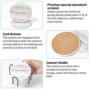 Acejoz Drink Coasters with Holder for Coffee Table, Absorbent Coaster Sets of 6, Marble Style Ceramic Coaster for Wooden Table, Suitable for Kinds of Cups, Home Decor, 4 Inches