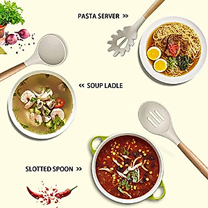 MIBOTE 17 Pcs Silicone Cooking Kitchen Utensils Set with Holder, Wooden Handles BPA Free Non Toxic Silicone Turner Tongs Spatula Spoon Kitchen Gadgets Utensil Set for Nonstick Cookware (Khaki)