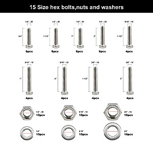 Dana Fred 104PCS 304 Stainless Steel Bolts and Nuts Kit,Hex Bolts and Nuts Assortment Set,1/4-20,5/16-18,3/8-16,15 Sizes Machine Screw Assortment Kit