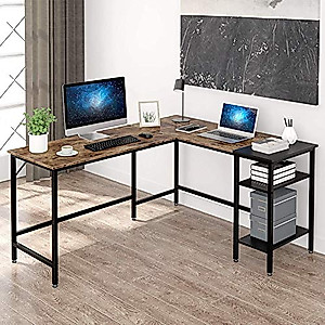 AJP Distributors L Shape Computer Desk with Storage Shelf Study Writing Table for Home Office, Modern Simple Style PC Desk, Black Metal Frame, Rustic