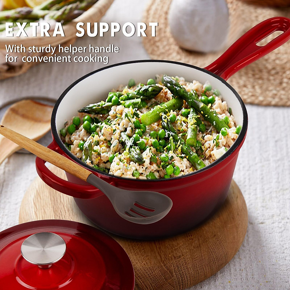 AILIBOO Enameled Cast Iron Sauce Pan, 1.6 Quarts Round Sauce Pot with Lid, Min Dutch Oven Enamel Saucepan for Cooking Pasta Sauce, Gravy, Puddings & Boiling, Gradient Red