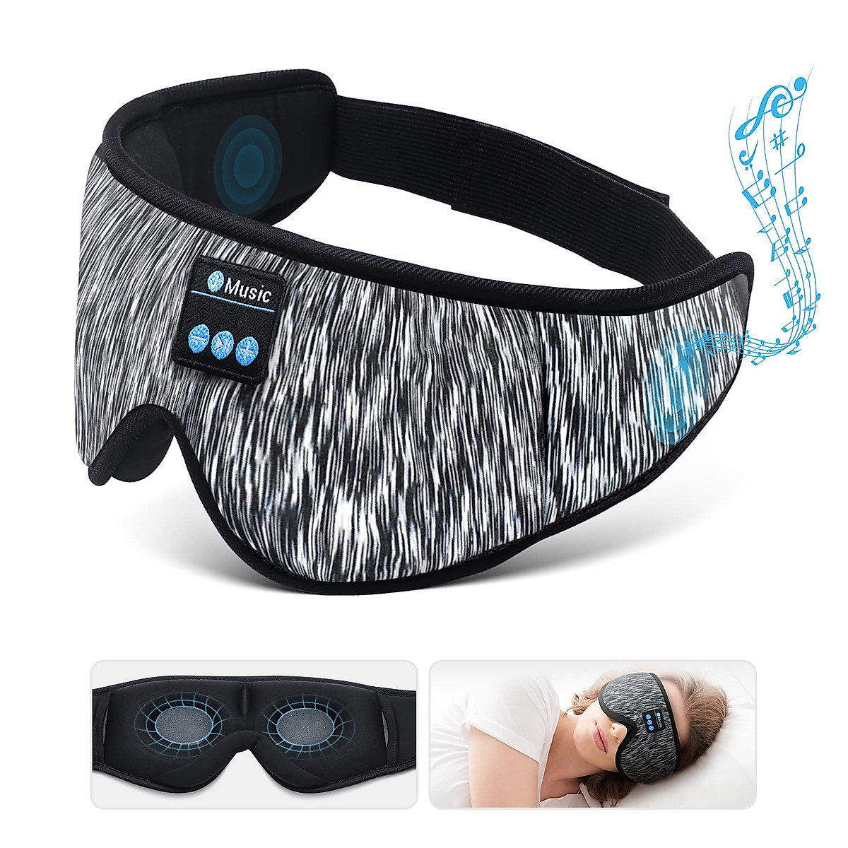 Bluetooth Sleep Eye Mask 3D Sleep Headphone with Headphones with Speakers and Microphone, Wireless Music Sleeping Eye Mask Washable Earbuds for Side Sleeper, Air Travel, Office Nap, Meditation (Grey)