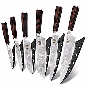 Japanese Kitchen Knife Set with Knife Covers Bread Eviscerate Sliced Fruit Utility Santoku Damascus Pattern Cooking Knife