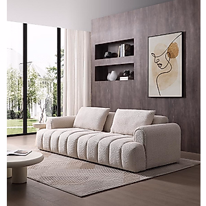 SSC SATISUNCASA 100“Modern Sectional Sofa, 4-Seater Cloud Couch Granular Fleece Velvet Upholstered Sofa Couch for Living Room/Apartment/Small Space (Beige+Solid Wood)