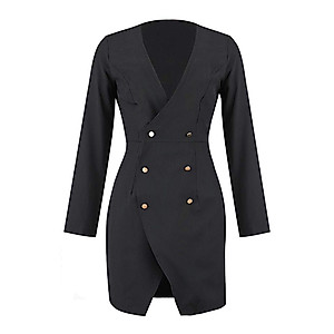 F_Gotal Dresses for Women Double Breasted Button Front Business Pencil Style Long Dress for Work Casual Formal Black