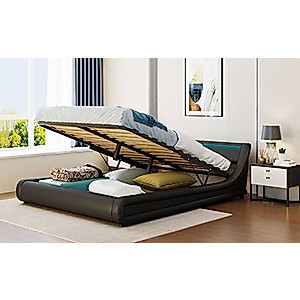Epinki Black Upholstered Faux Leather Platform Bed with a Hydraulic Storage System with Led Light Headboard Bed Frame with Slatted Queen Size