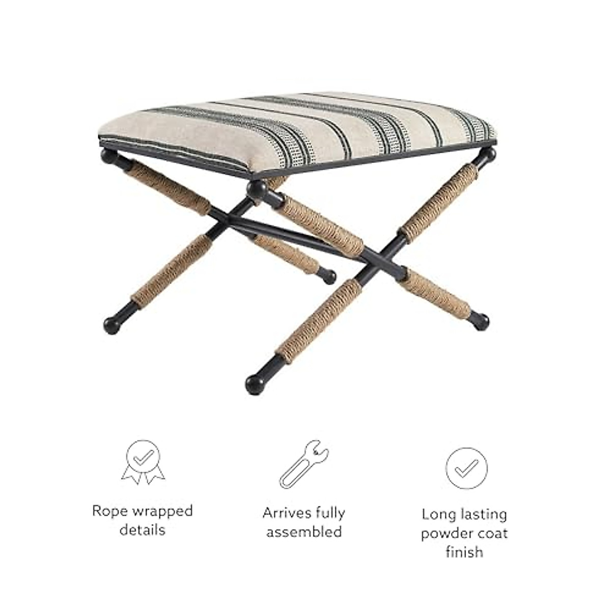 Linon Farrow Black Metal and Natural and Black Stripe Upholstered Campaign Ottoman