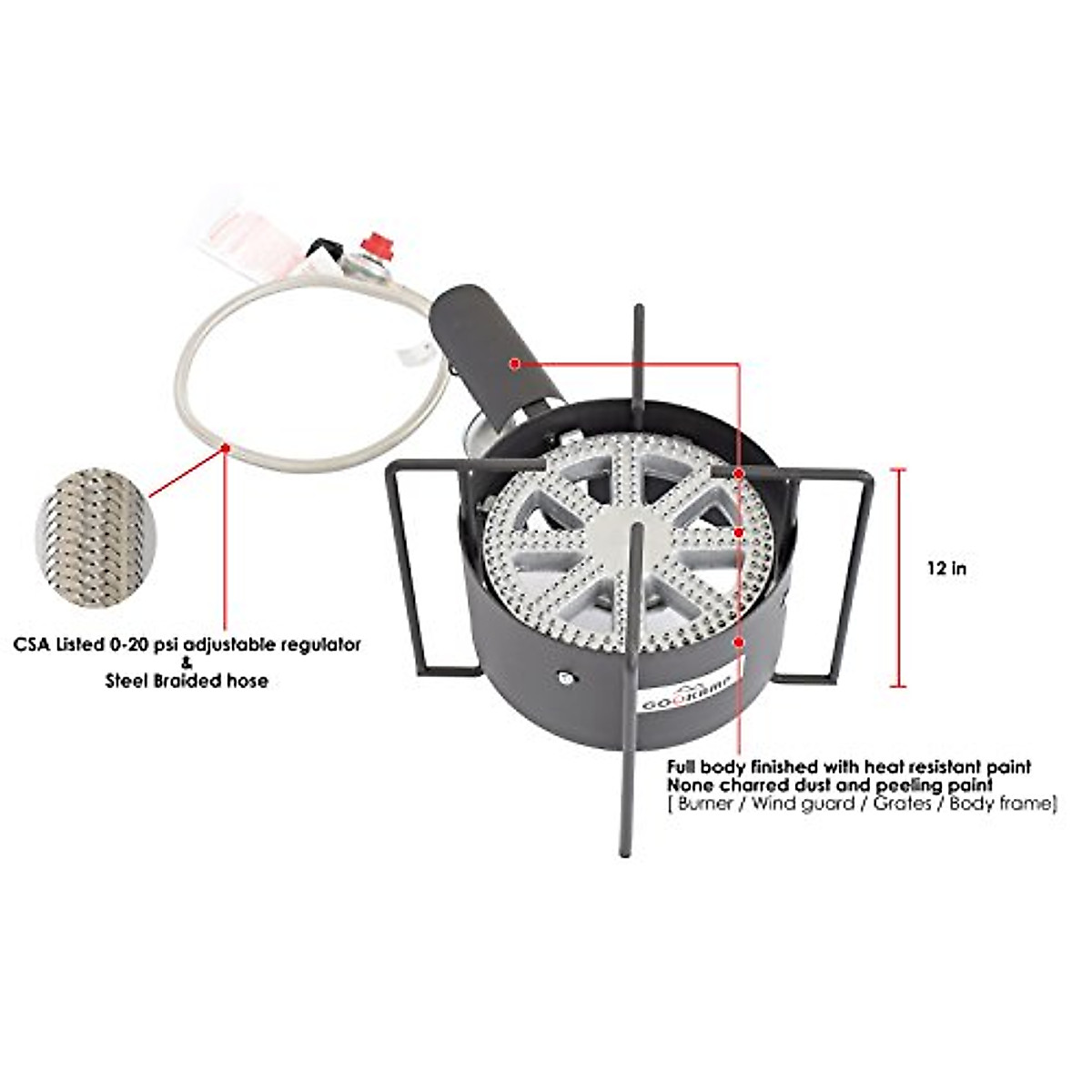 COOKAMP High Pressure Banjo 1-Burner Outdoor Propane Gas Cooker with 0-20 PSI Adjustable Regulator and Steel Braided Hose [ 2018 New Model ] SA1350