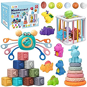 ADFO 6 in 1 Baby Toys 6to12-18 Months, Include Pull String Baby Teething Toys, Soft Stacking Blocks & Rings, Sensory Shapes, Colorful Storage Bin, Montessori Toys for 1-3 Year Old Boys Girls Gifts