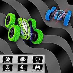 2 Pack Remote Control Car, RC Stunt Cars for Boys, 4WD 2.4Ghz Double Sided 360° Rotating RC Car for Kids, 4 Rechargeable Battery, Blue+Green